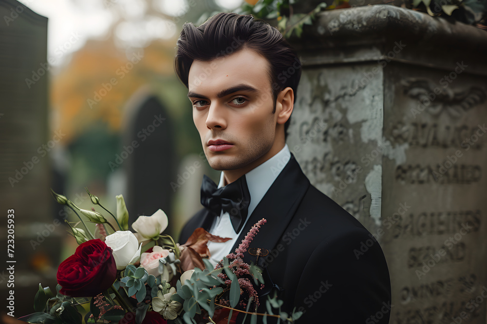 sad man with a bouquet, mourning in a cemetery, tragic Stock Photo ...