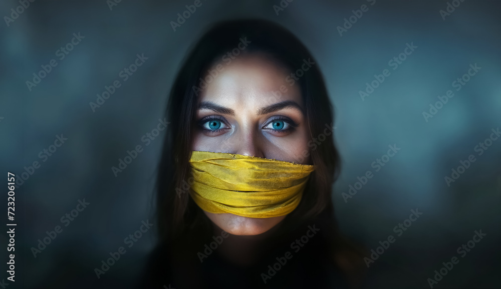 portrait d'une femme, vu de face, avec un bâillon jaune devant la ...