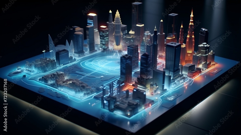 A 3D holographic map with 2D icons representing different landmarks ...