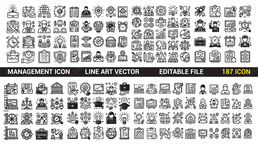Business management icons set with Line art style icons bundle. On a ...