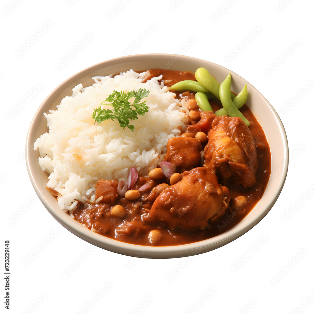 Demi-glace sauce chicken cutlet with hashed beef over rice on png ...