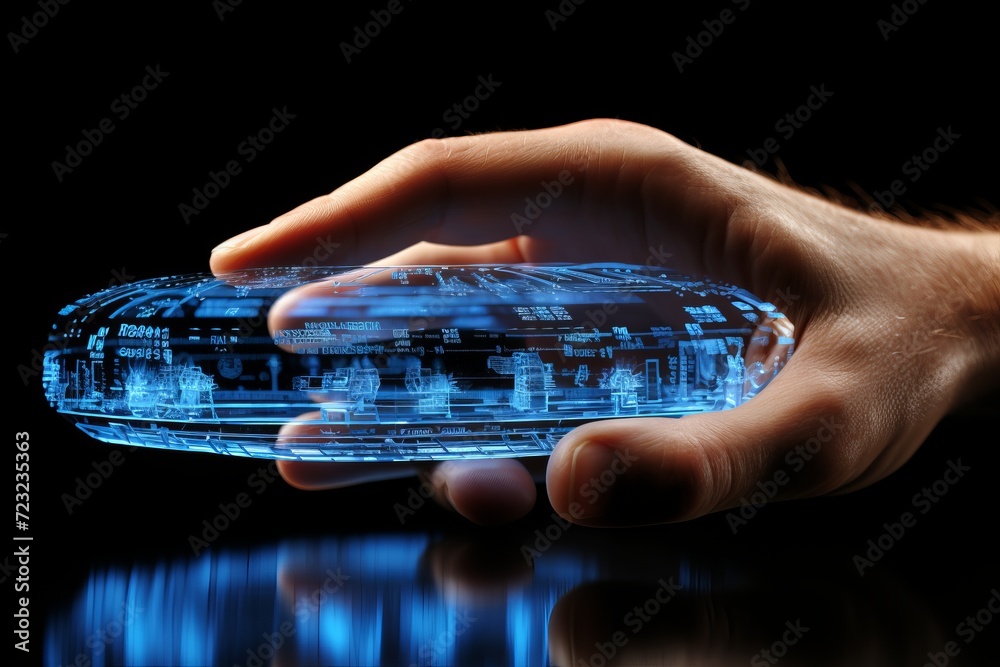 Designing a futuristic hologram with floating chart, finger pressing ...