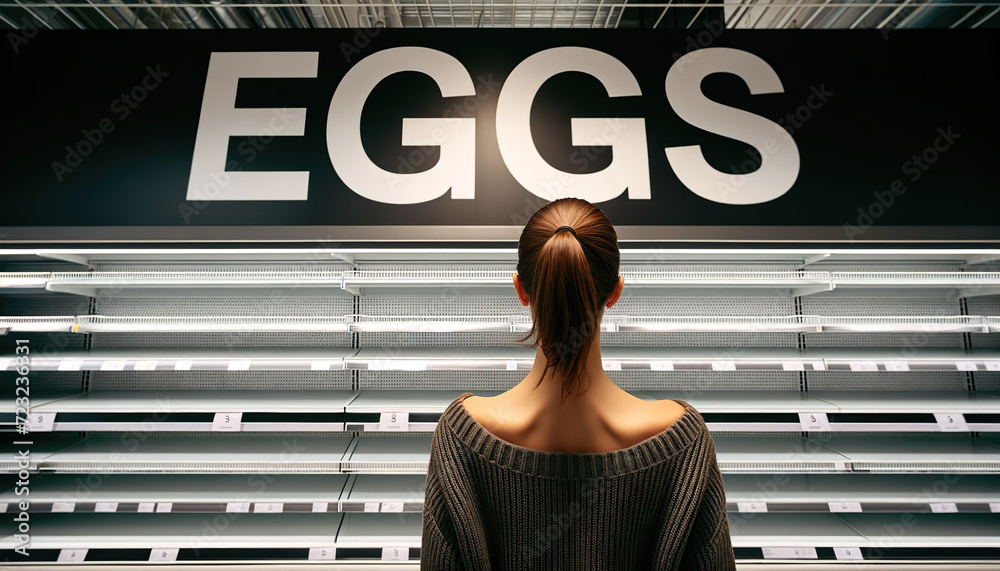 Woman standing in front of empty egg shelves in a grocery store. Egg ...