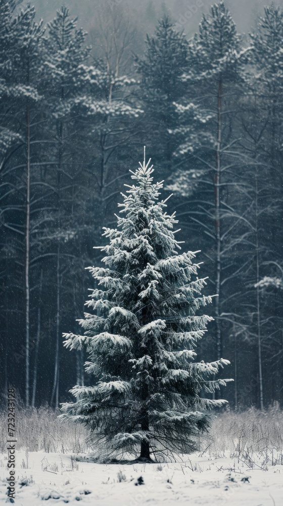 Solitary Snow-Covered Tree in Winter Landscape. A solitary pine tree ...