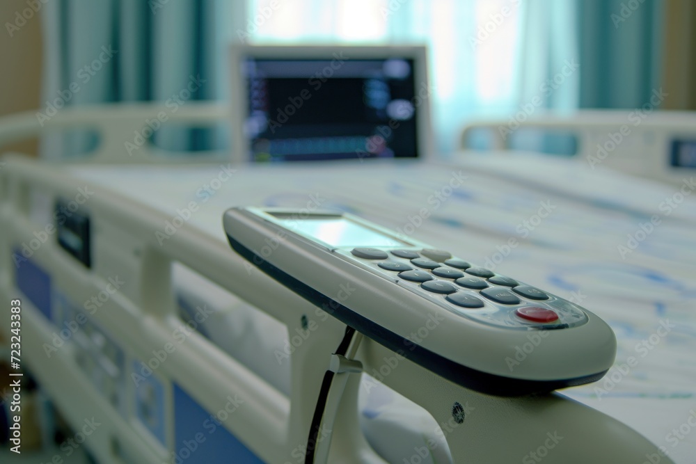 Bed remote control for patients close up buttons hanging on bed rail ...