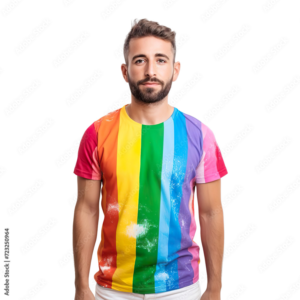 Front view of a half body shot of a gay man with his tshirt painted in ...