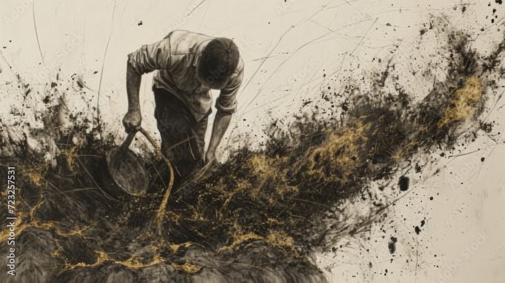 man digging into an earth pit and pouring gold, in the style of ...