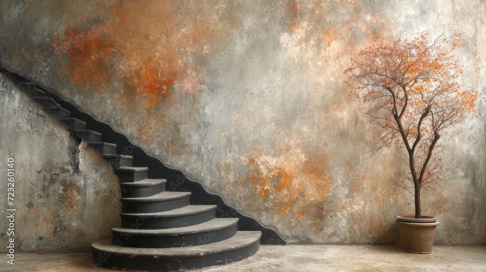 a painting of a tree on a wall next to a set of stairs with a potted ...