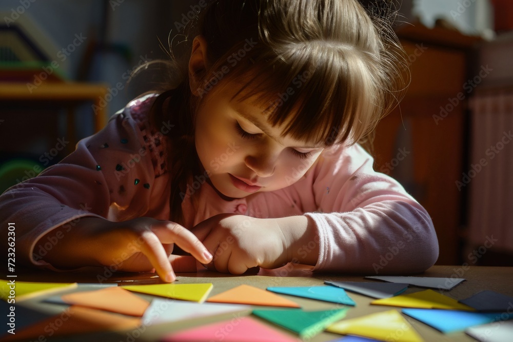 A girl with Down's syndrome lays out geometric shapes. child plays at ...