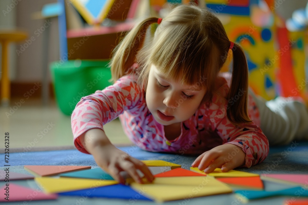 A girl with Down's syndrome lays out geometric shapes. child plays at ...