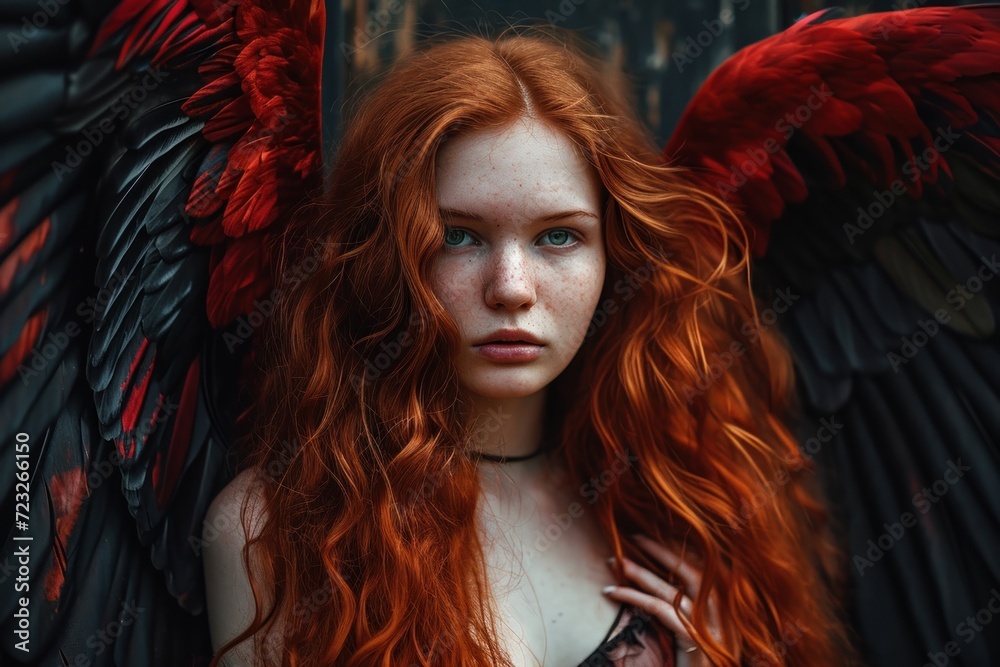 Portrait of a red-haired angel woman with white skin and freckles, red ...