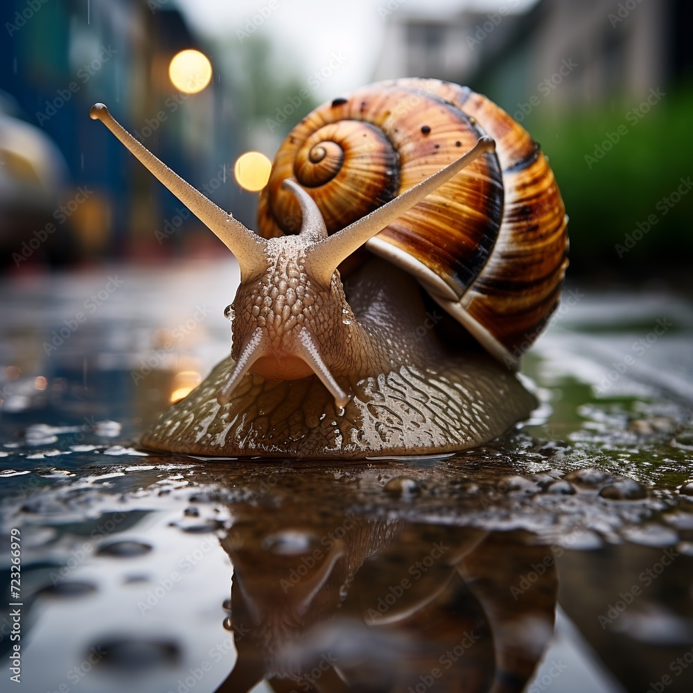 live snail stretches upward from a smooth wet surface against a green ...