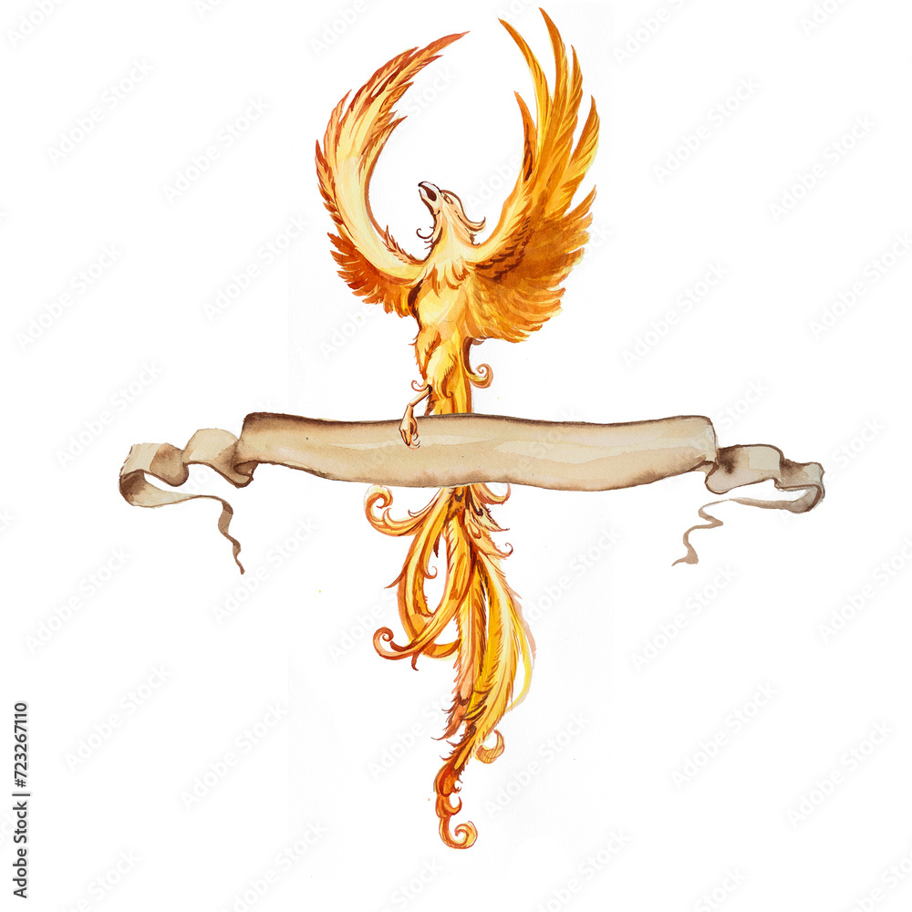 Phoenix with banner. Magical creature watercolor artwork. Phoenix ...