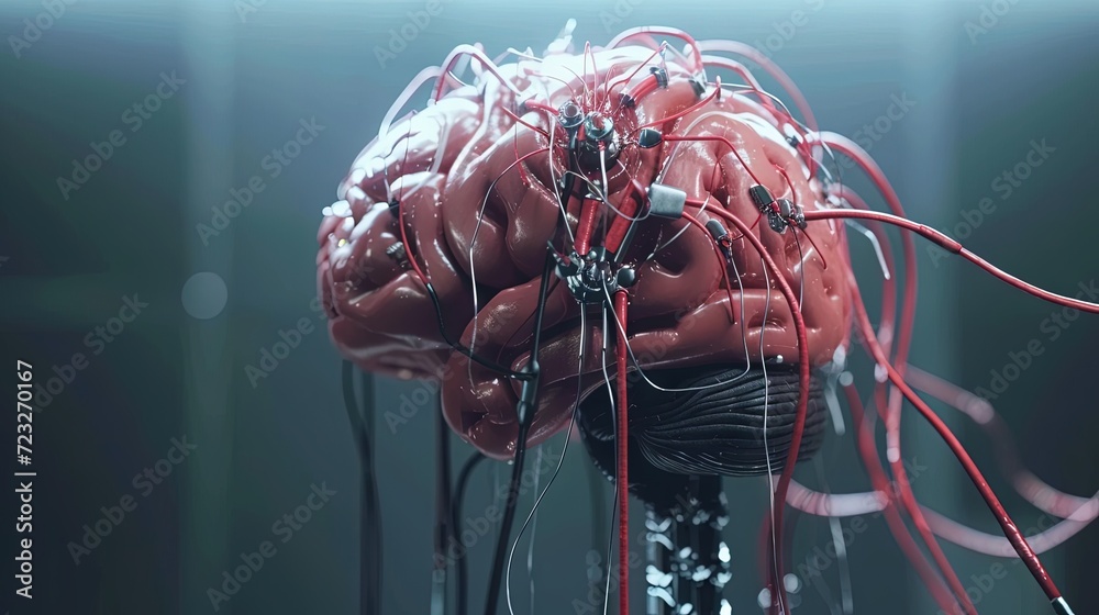 Artificial intelligence concept with human brains hooked to wires and ...