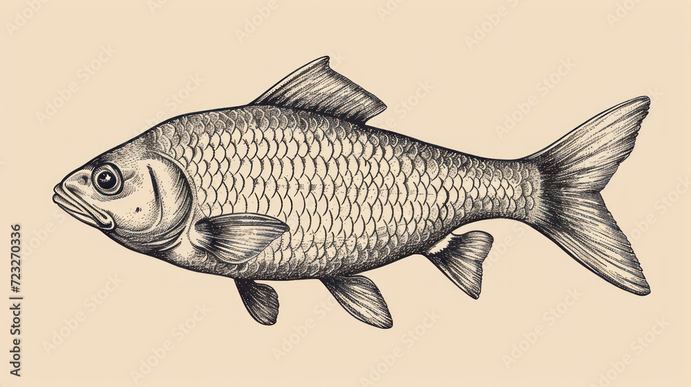 a black and white drawing of a fish on a beige background with a black ...