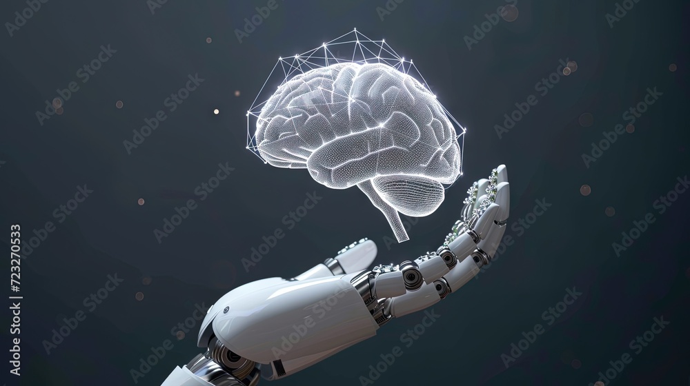Robot hand holding a human brain. Artificial intelligence and machine ...