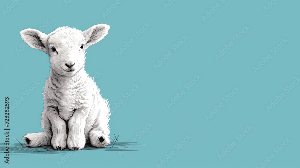 a baby lamb sitting on the ground in front of a teal background with ...