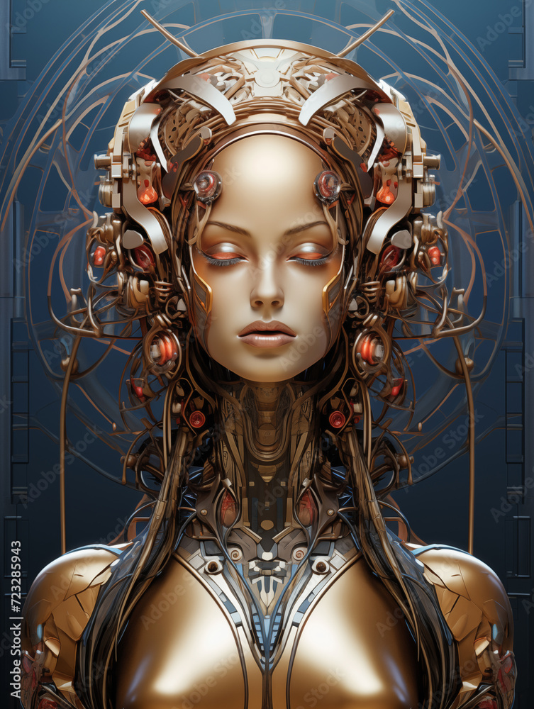 Beautiful Art Nouveau style portrait of steampunk Cyber Girl robot humanoid with futuristic ...