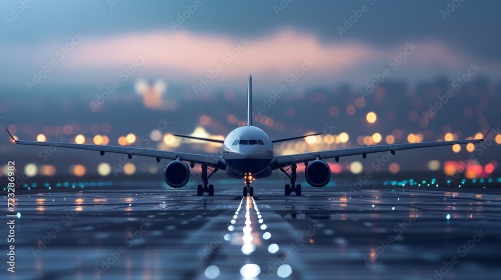 Avion de ligne biréacteur vue de face aligné sur la piste d ...