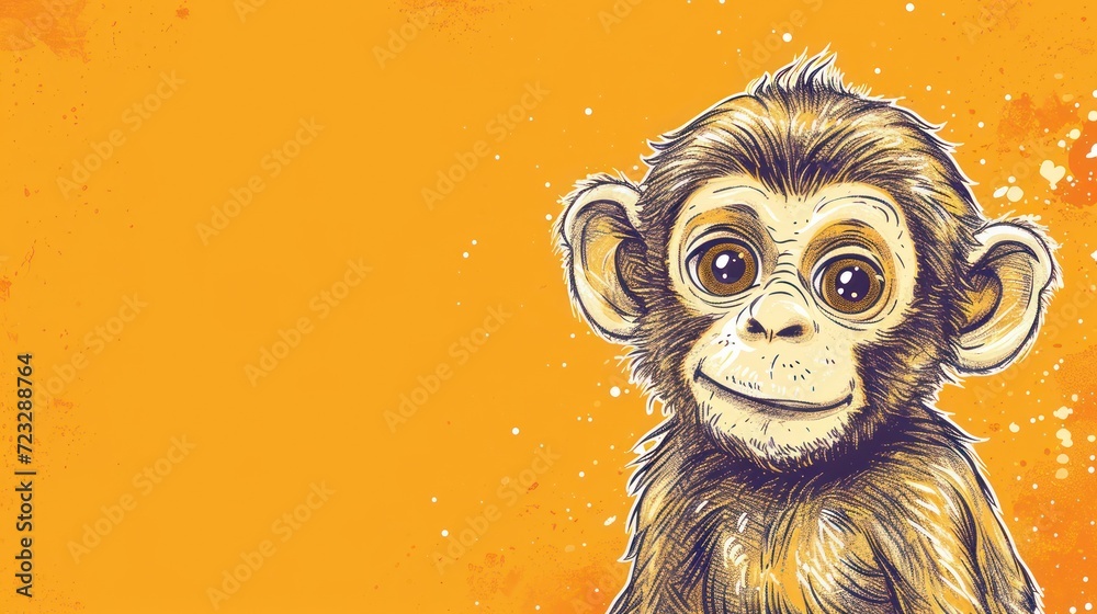 a drawing of a monkey with big eyes on an orange background with splots ...
