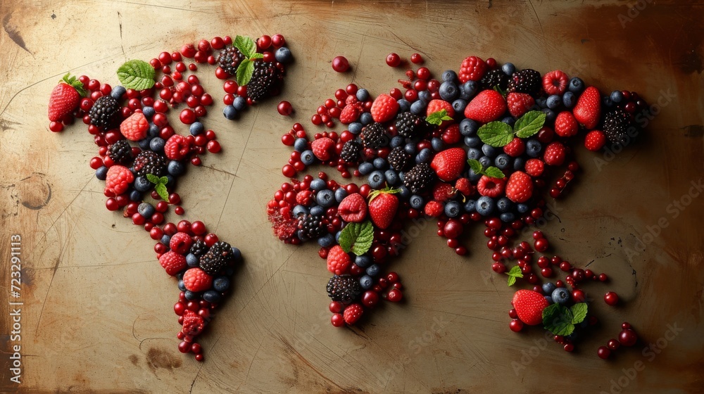 World map made of fruits adn berries. All continents of the sweet world ...