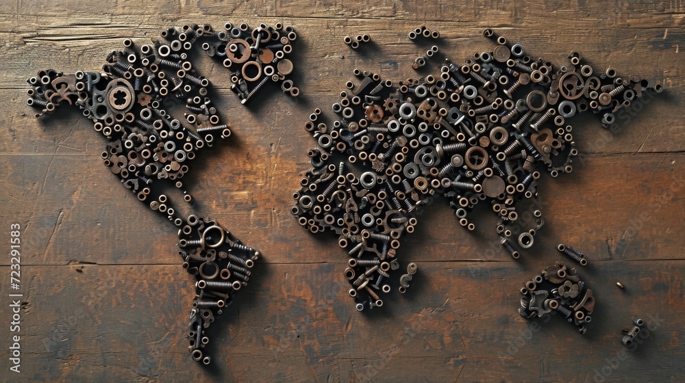 World map made of old nuts and bolts. All continents of the repairman ...