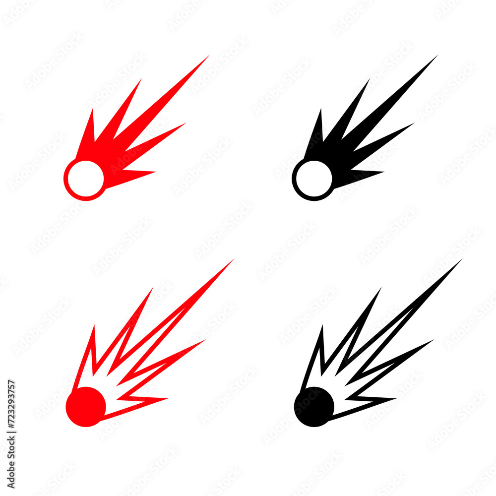 Set of explosion, spark or comet icons. Fire from a rocket engine or a meteorite falling. A ...