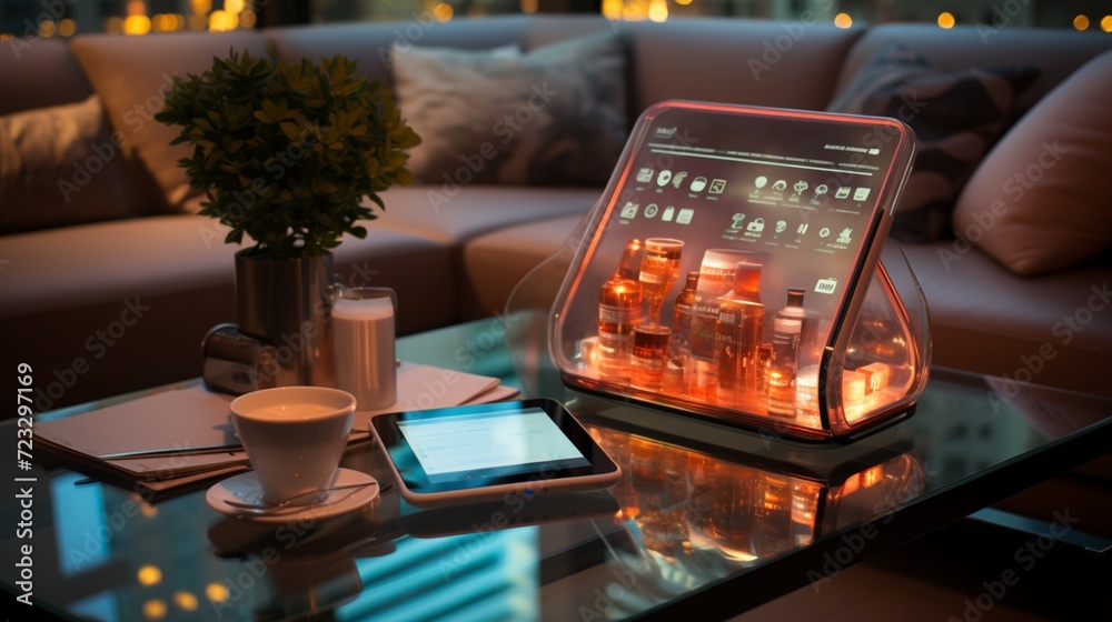 A tablet on a coffee table, its screen aglow with a push notification ...