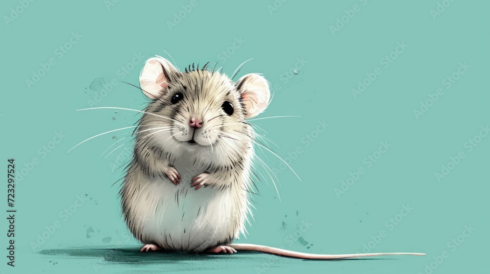 a white rat sitting on its hind legs on a teal green background, with ...