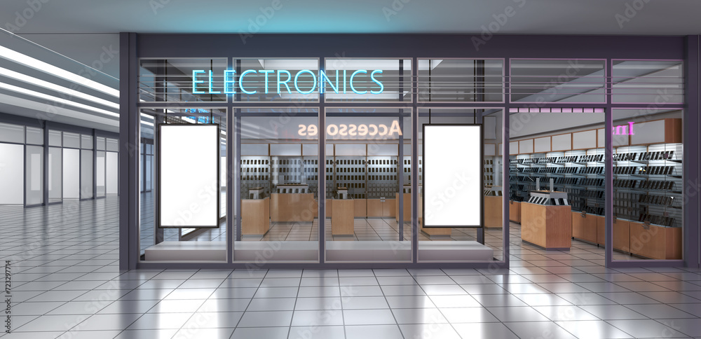 Poster Electronics store facade with glass storefront and neon signs ...