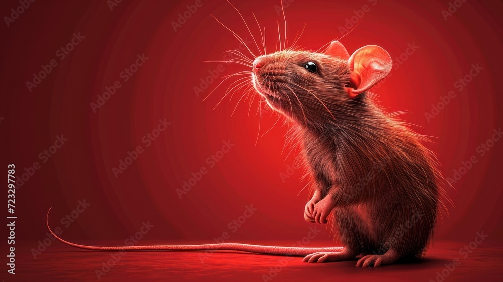 a rat sitting on its hind legs on a red background with a red ...