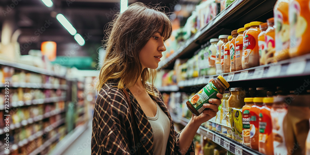 A contemplative woman stands in a bustling convenience store, scanning ...