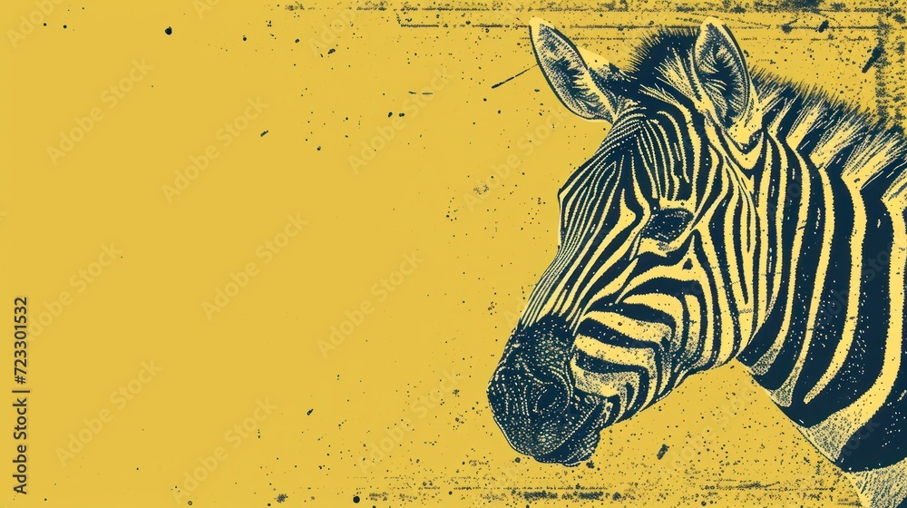 a close up of a zebra's head on a yellow and black background with a ...