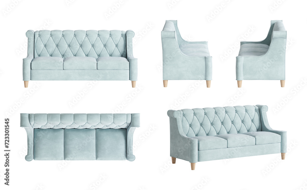 Set of five views of a classic light blue velvet sofa with three seat ...