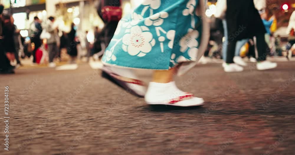 Japan, person and walk in shoes in kimono, city and travel for heritage ...