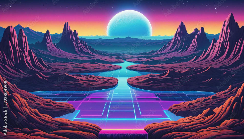 Foto Stock Retro background futuristic landscape 1980s style. Digital ...