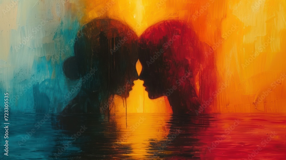 a painting of two people facing each other in front of a yellow and ...