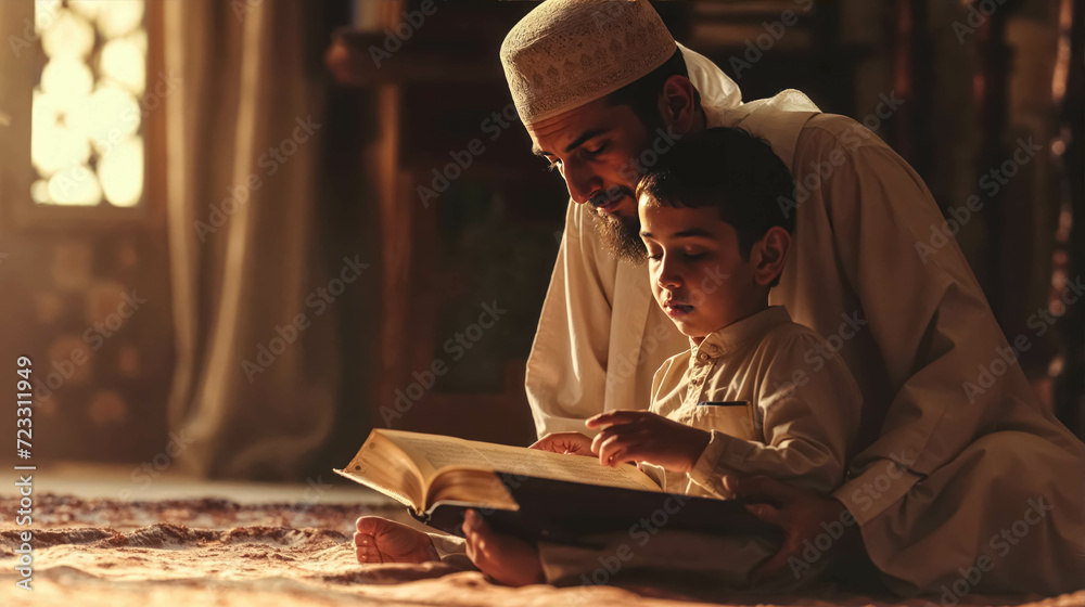 Father Teaching His Son to Recite Verses From the Quran, Passing Down ...