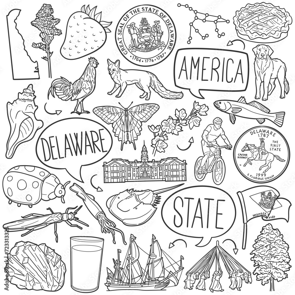 Delaware State Doodle Icons Black and White Line Art. united States ...