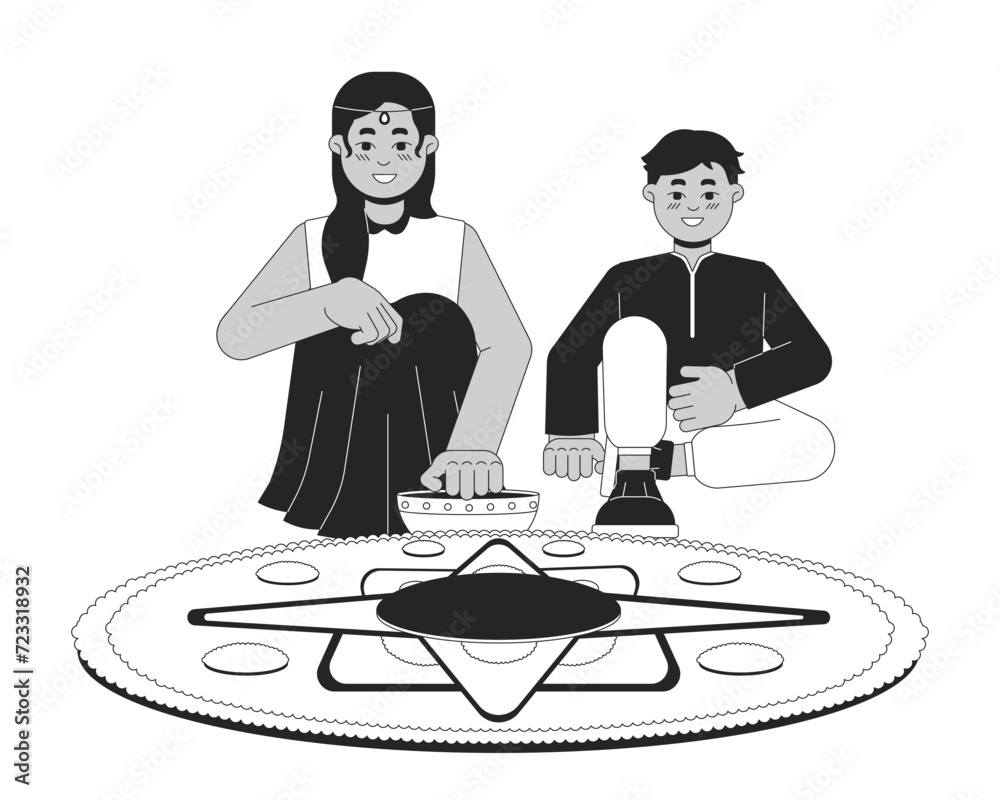 Indians siblings making rangoli black and white 2D line cartoon ...