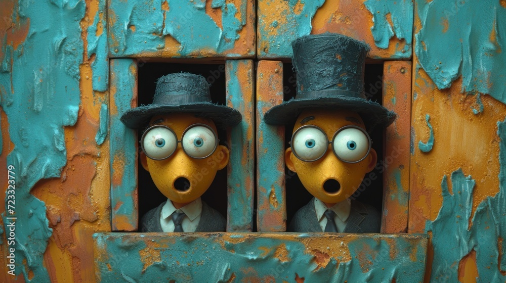 two puppets of a man in a top hat and tie are sticking their heads out ...