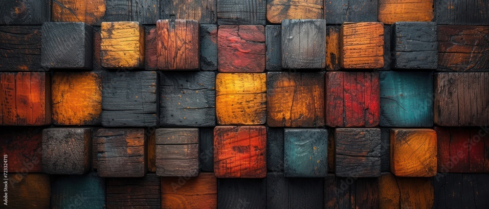 a wall made up of wooden planks with different colors of paint on the ...