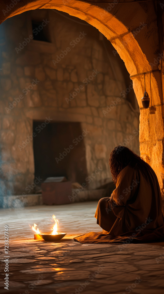 Bible, Easter, Peter is alone in a courtyard, illuminated by firelight ...