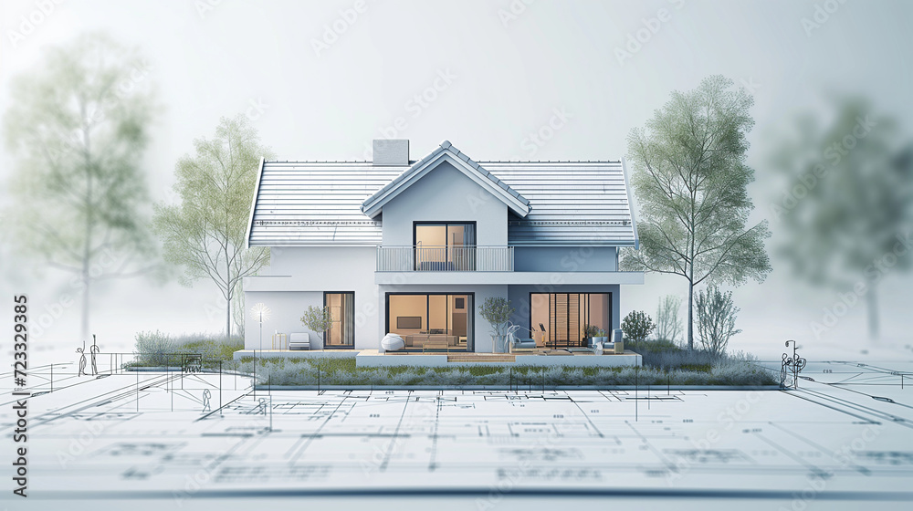 Detailed Drawing of a Two-Story House on Top of Architectural Blueprint ...
