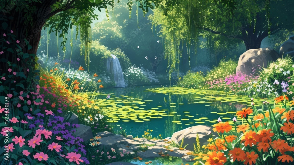 Cartoon-style secret garden with hidden paths, flowering vines, and a ...