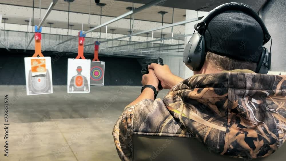 Man Practicing Shooting at Indoor Range, Person in camo attire aiming a ...
