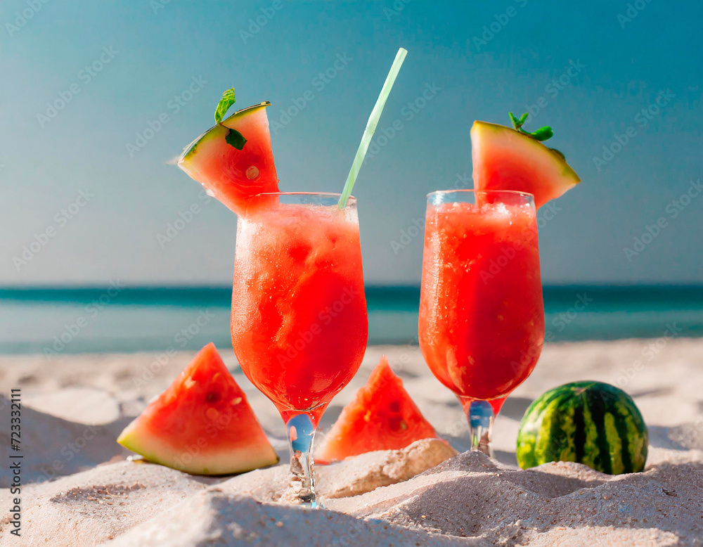 Tropical watermelon cocktails on a paradise beach. Directly on the sand ...