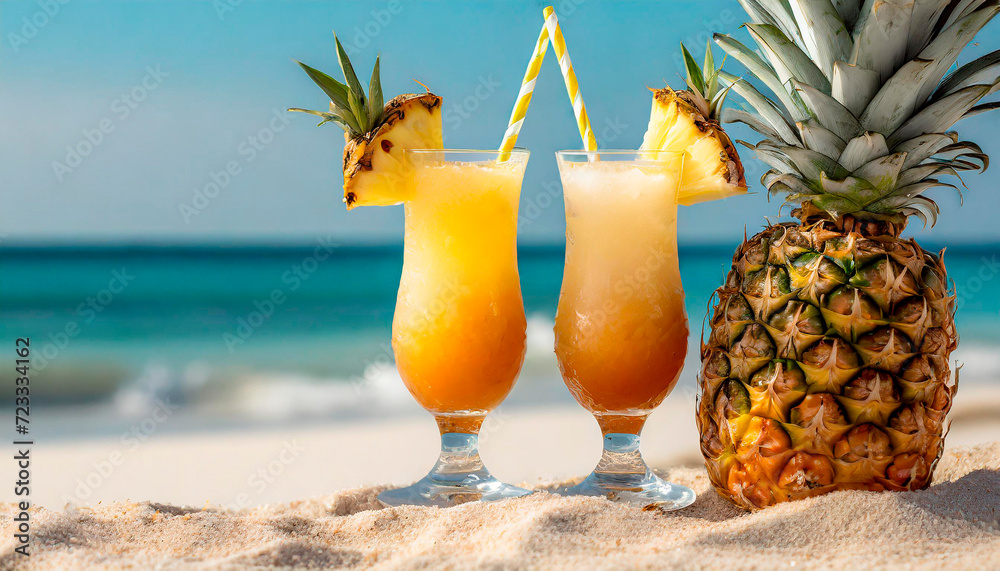 Tropical pineapple cocktails on a paradise beach. Directly on the sand ...