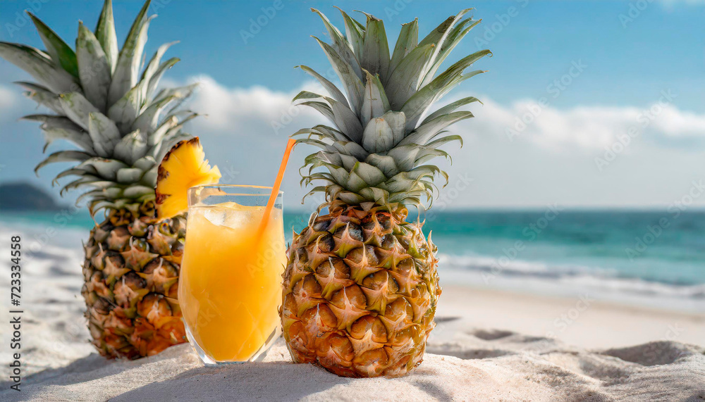 Tropical pineapple cocktails on a paradise beach. Directly on the sand ...
