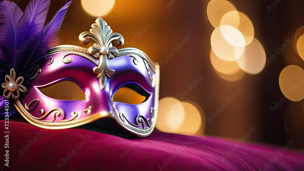 Venetian Carnival purple masquerade masks on blurred bokeh background ...
